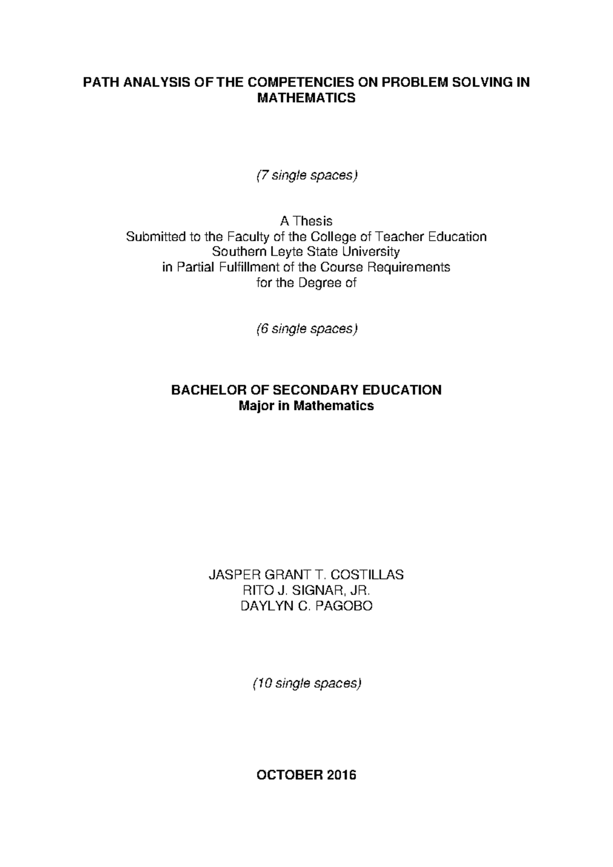 SLSU Thesis Format: Path Analysis of Problem Solving in Mathematics ...