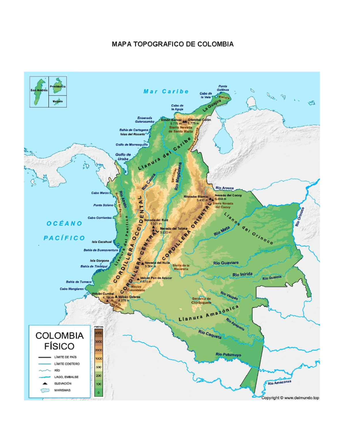 MAPA TOPOGRÁFICO DE COLOMBIA: Detalles Geográficos y Elevaciones - Studocu