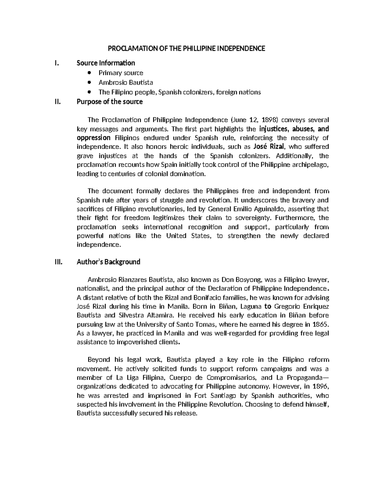 Proclamation of Philippine Independence (June 12, 1898) Analysis - Studocu