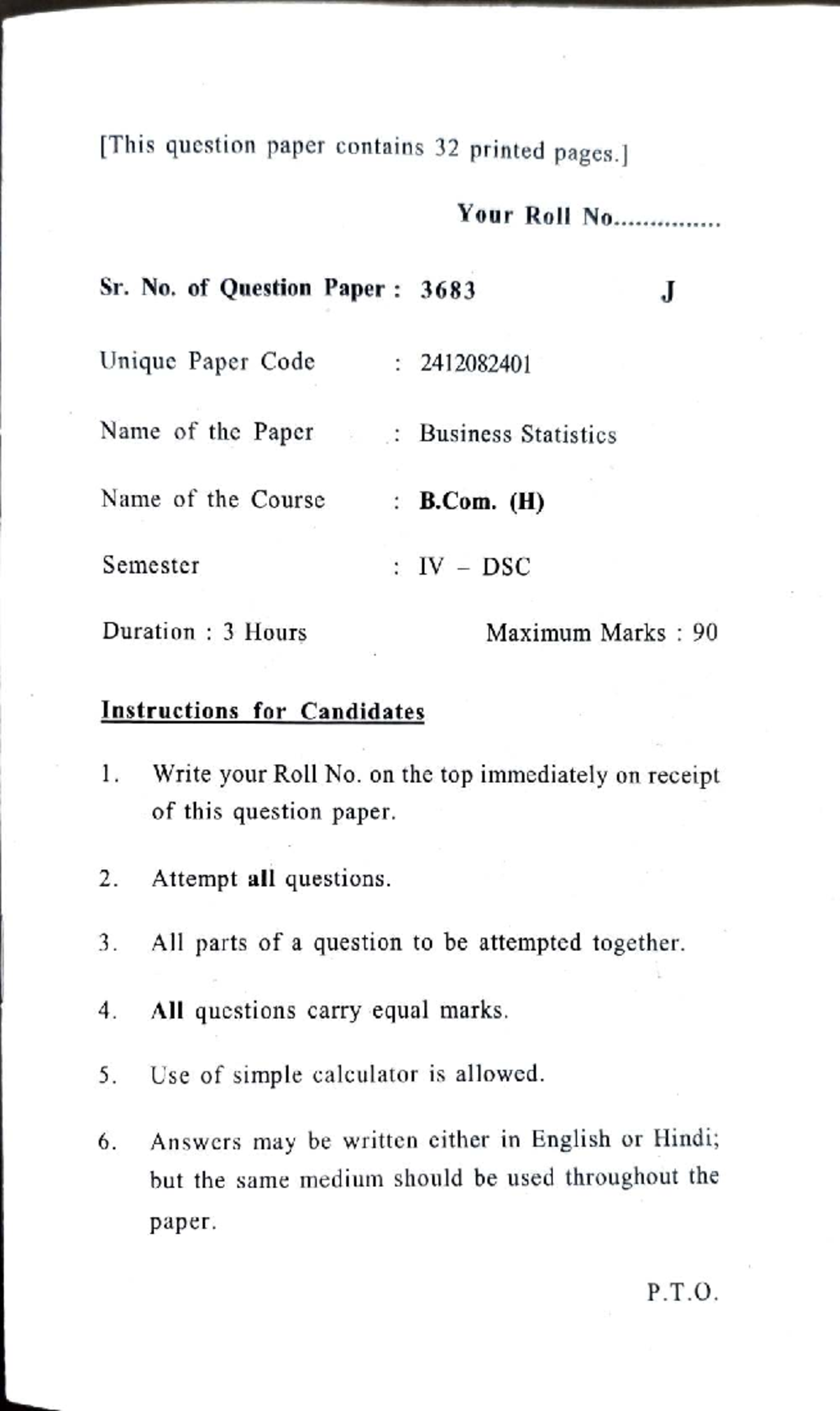 Business Statistics B.Com. (H) Final Exam Paper - 2025 - Studocu