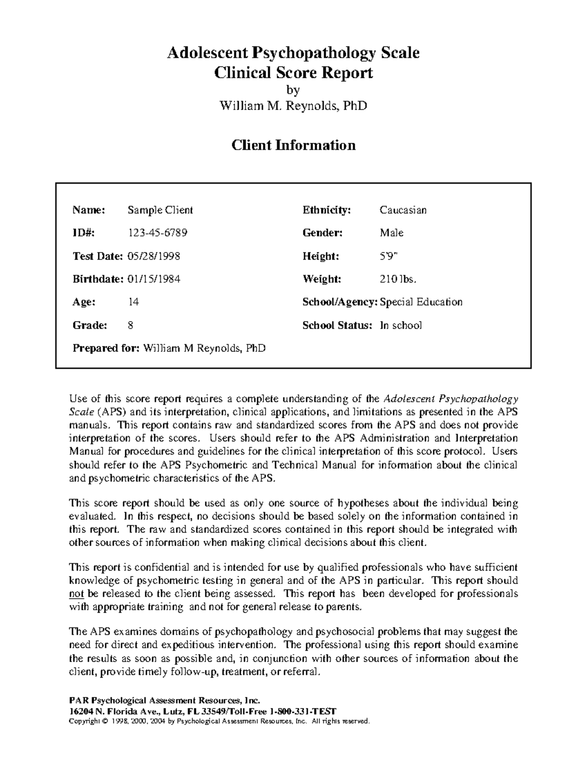 Clinical Score Report: Adolescent Psychopathology Scale (APS) - Studocu