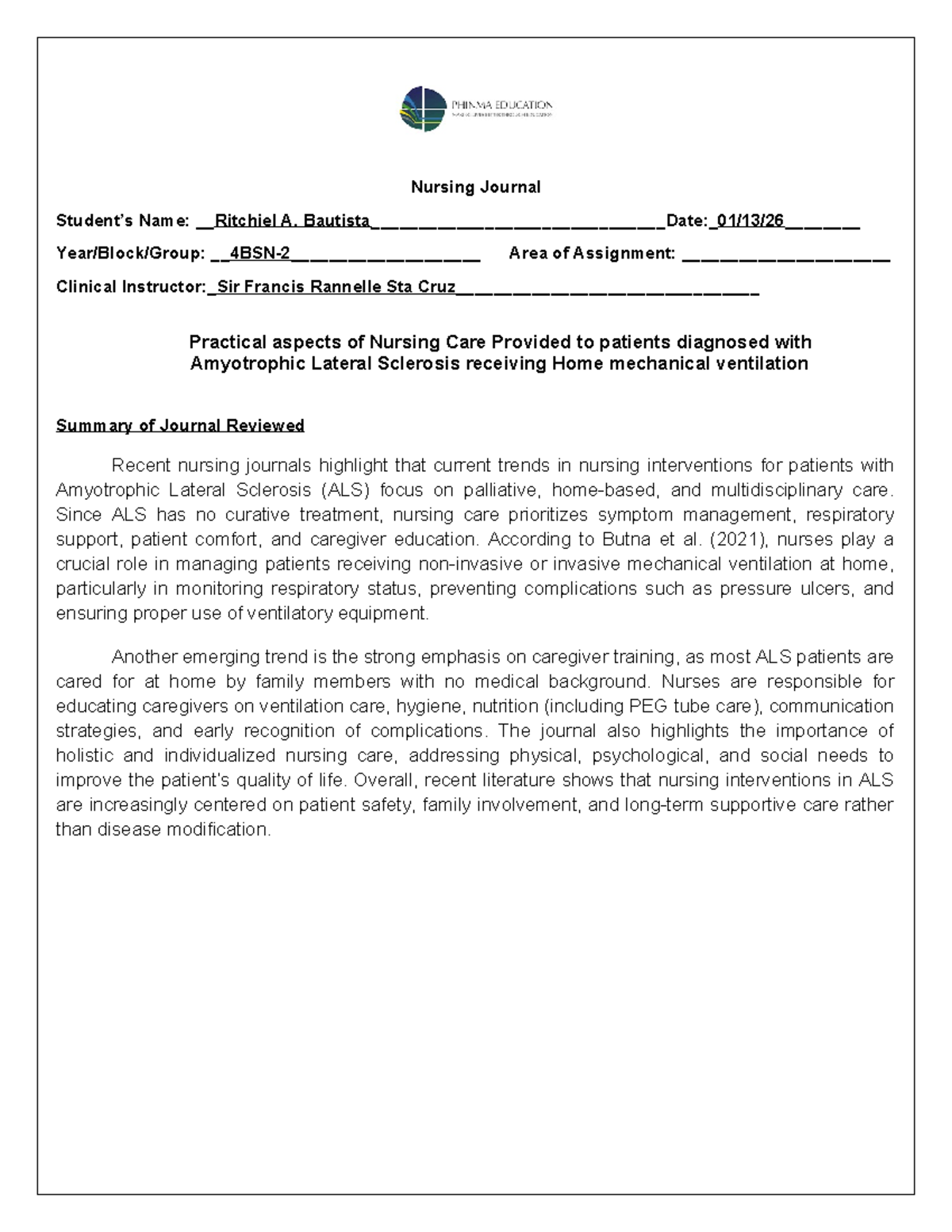 Nursing Journal: ALS Care Strategies & Interventions (NURS 301) - Studocu