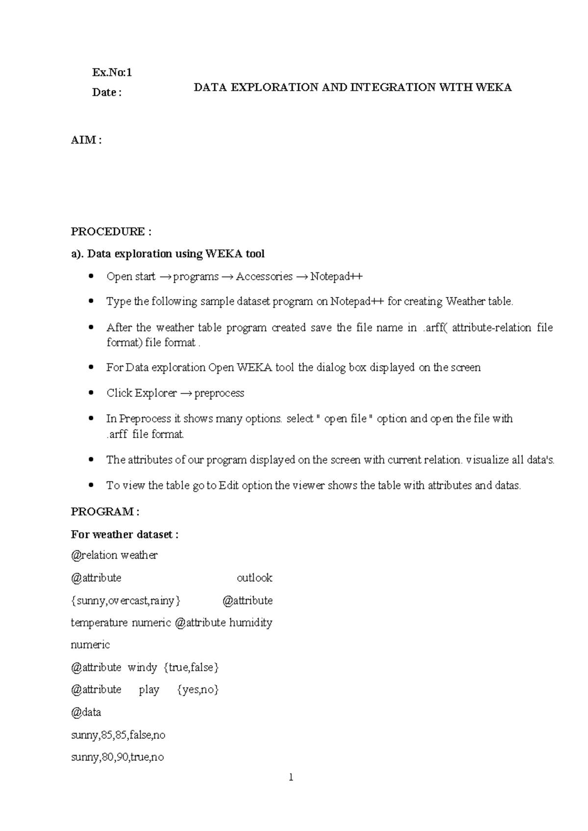 Ex.No:1 Data Exploration & Integration with WEKA - Manual - Studocu