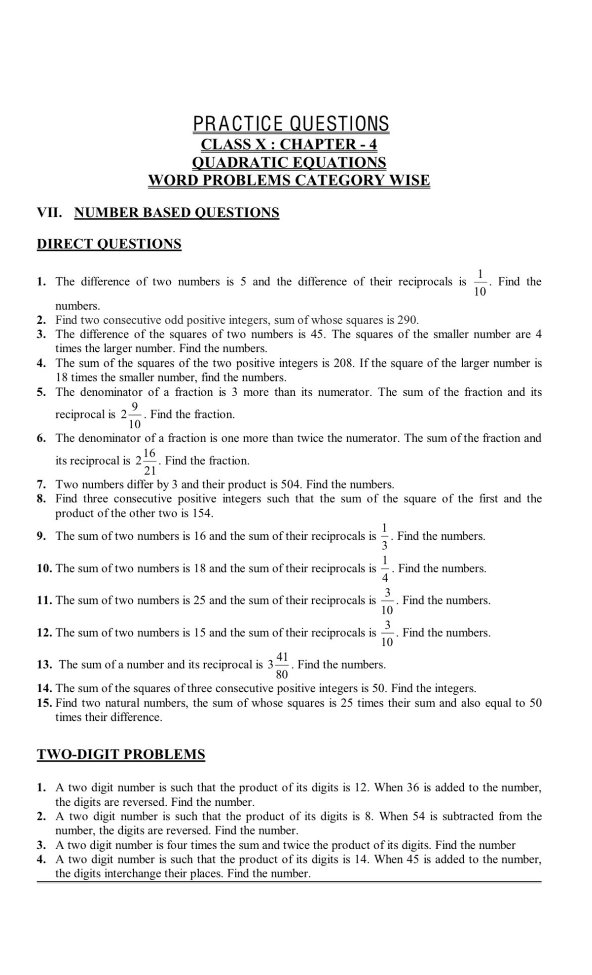 Quadratic equations word problems - PRACTICE QUESTIONS CLASS X : 4 ...