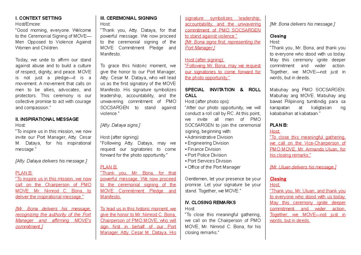 MOVE Ceremonial Signing Script: A Commitment Against Violence - Studocu