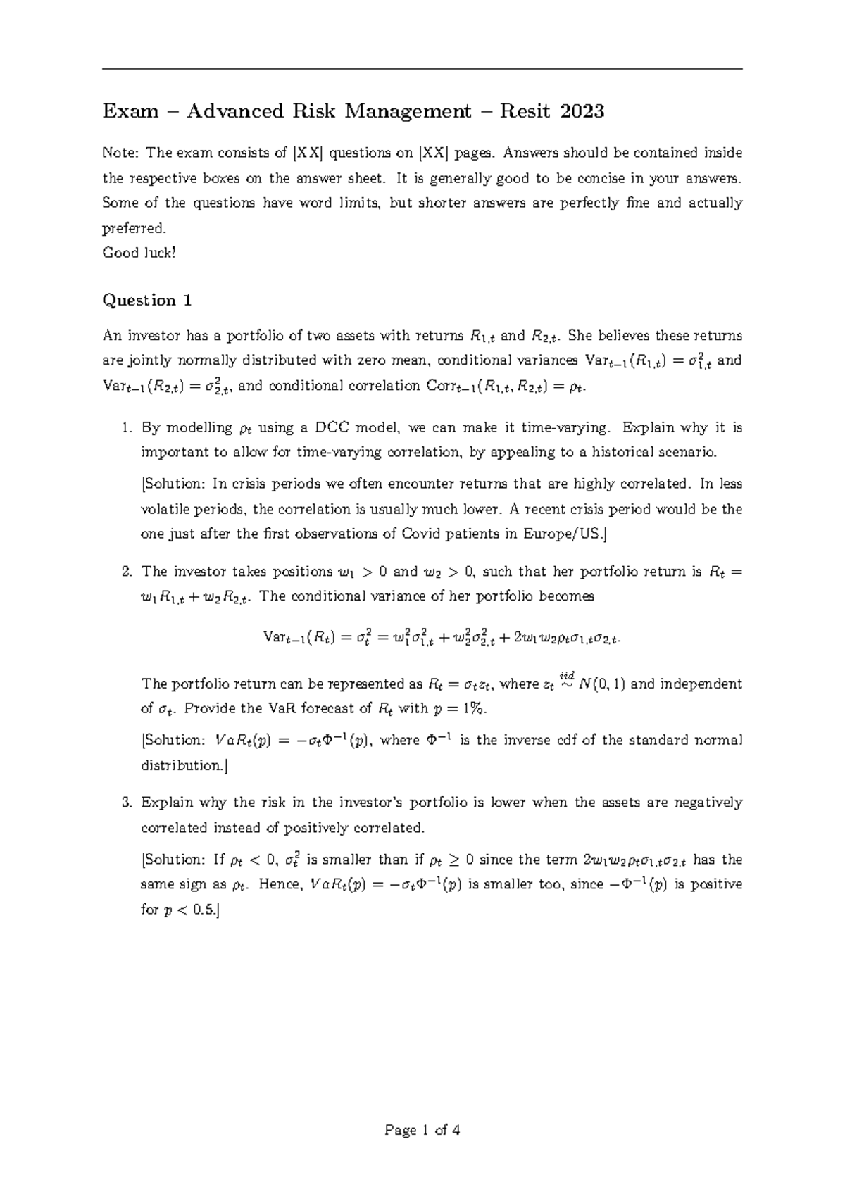 Advanced Risk Management Resit Exam 2023: Solutions and Analysis - Studeersnel