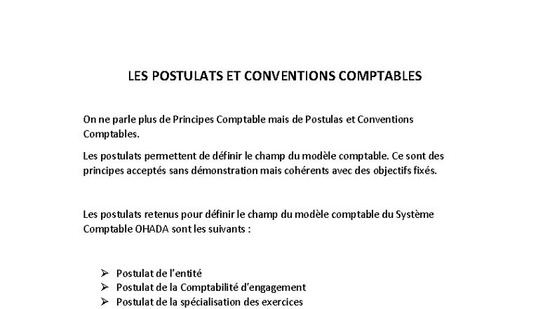 Postulats et Conventions Comptables dans le Système OHADA - Studocu
