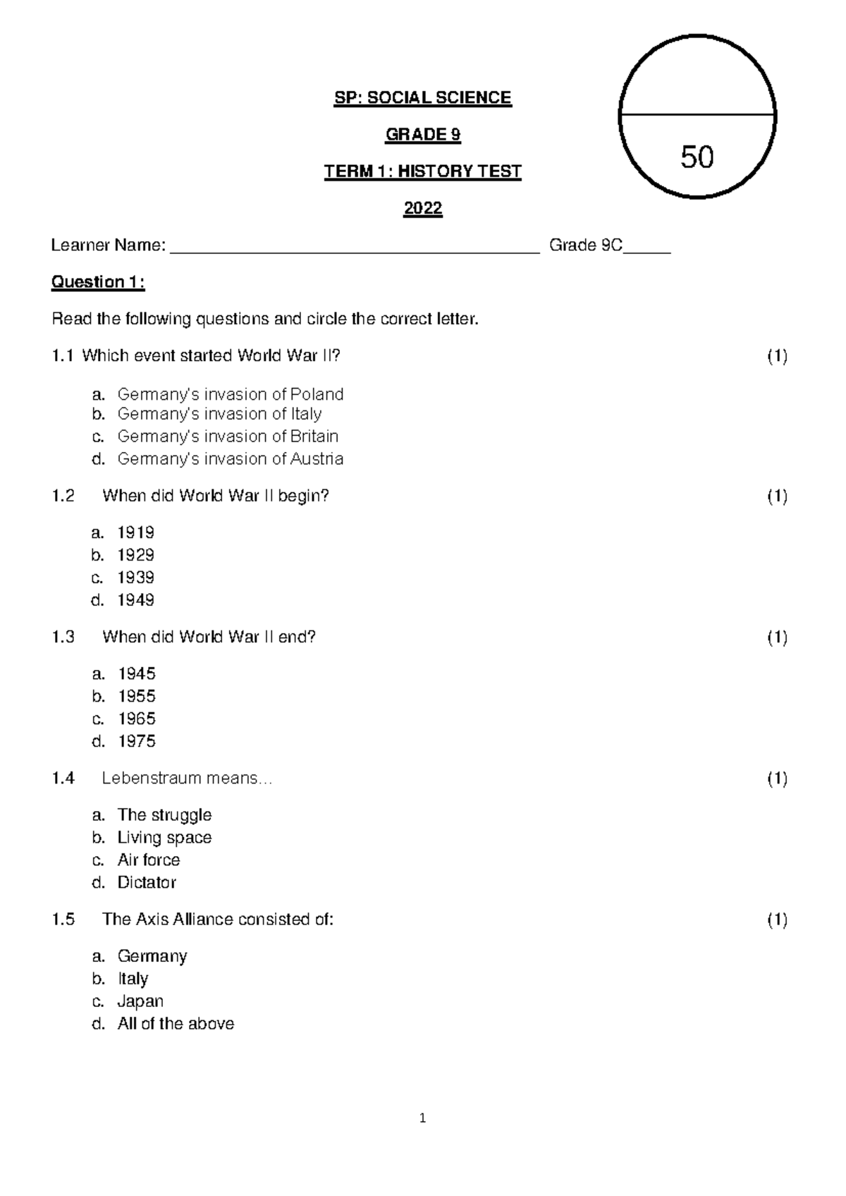 SP: Social science grade 9 term 1 history test questions and answers ...