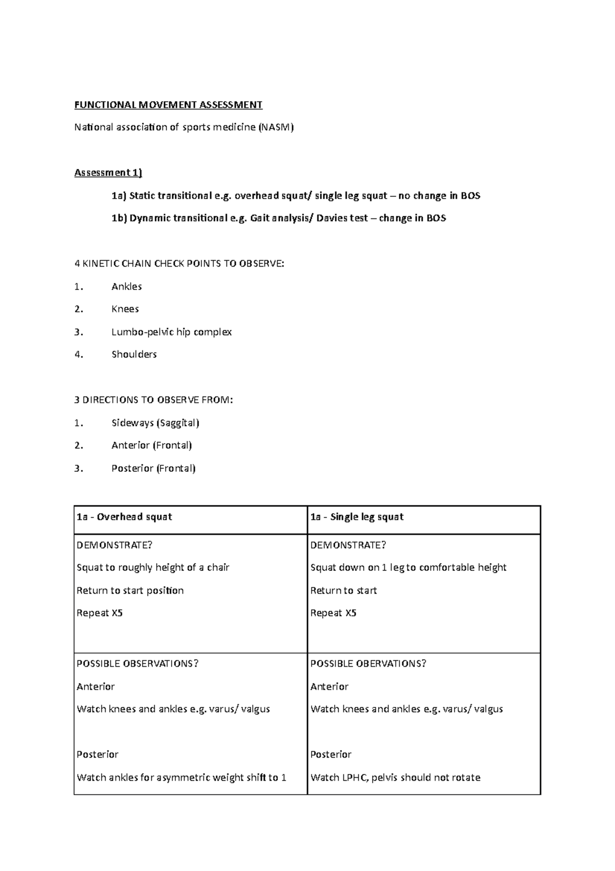 Functional Movement Screening Assessment Notes for NASM Course - Studocu