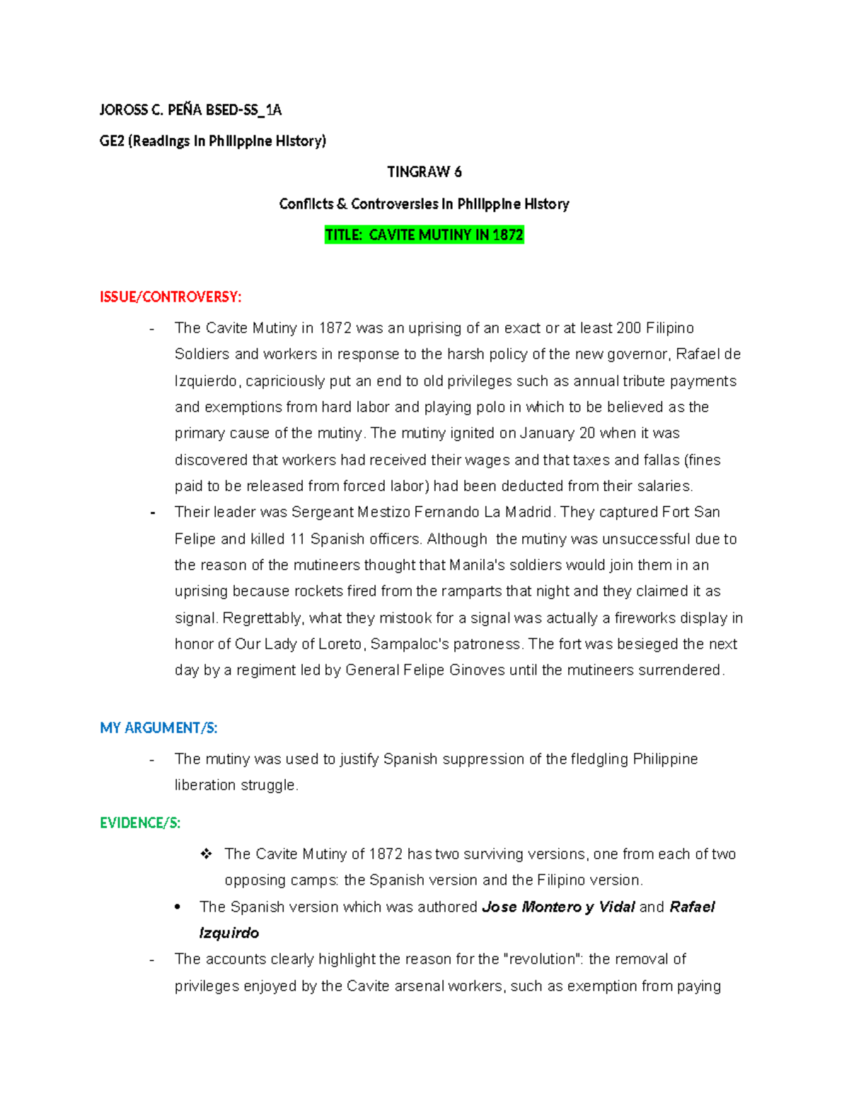 GE2 Final Exam: Cavite Mutiny of 1872 - Conflicts & Controversies - Studocu