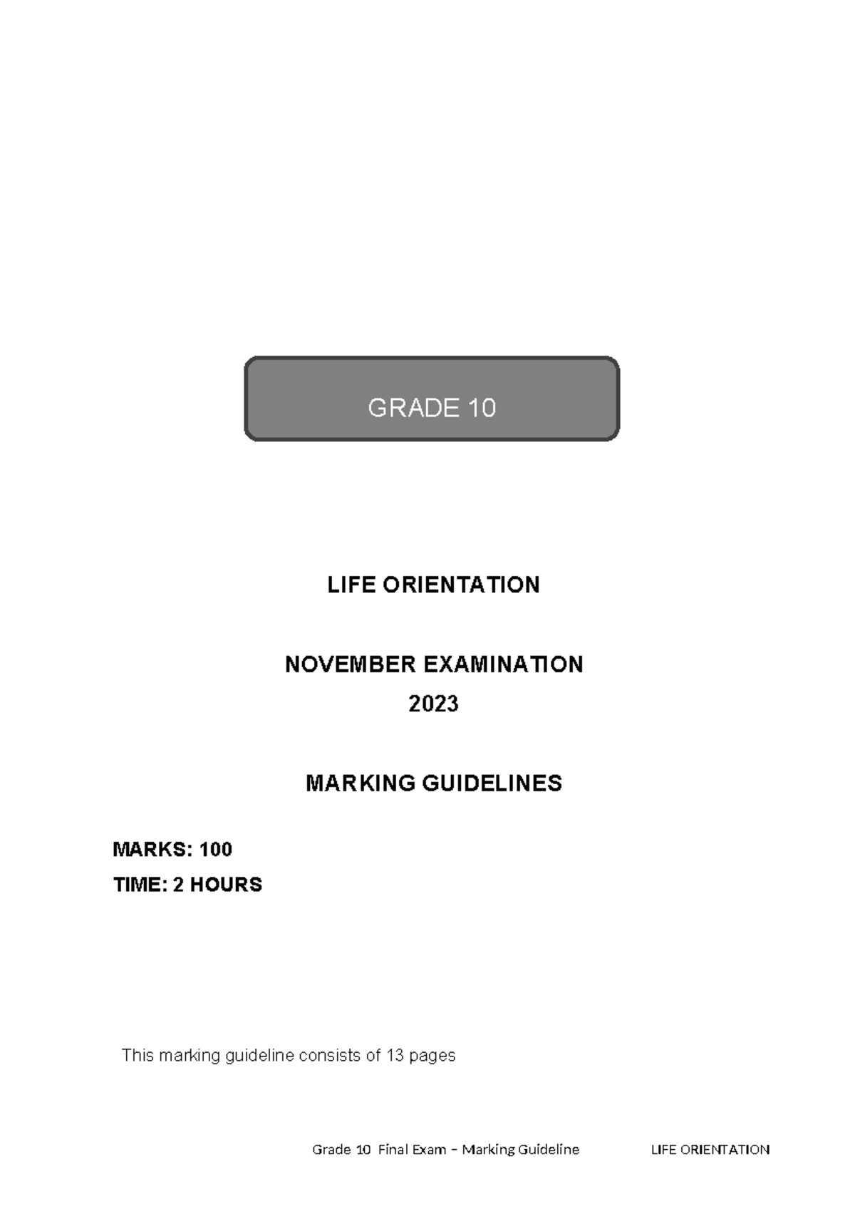 Grade 10 LO Final Exam Marking Guidelines - November 2023 - Studocu