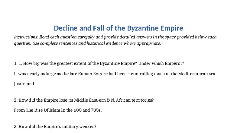 Decline and Fall of the Byzantine Empire: Student Worksheet - Studocu