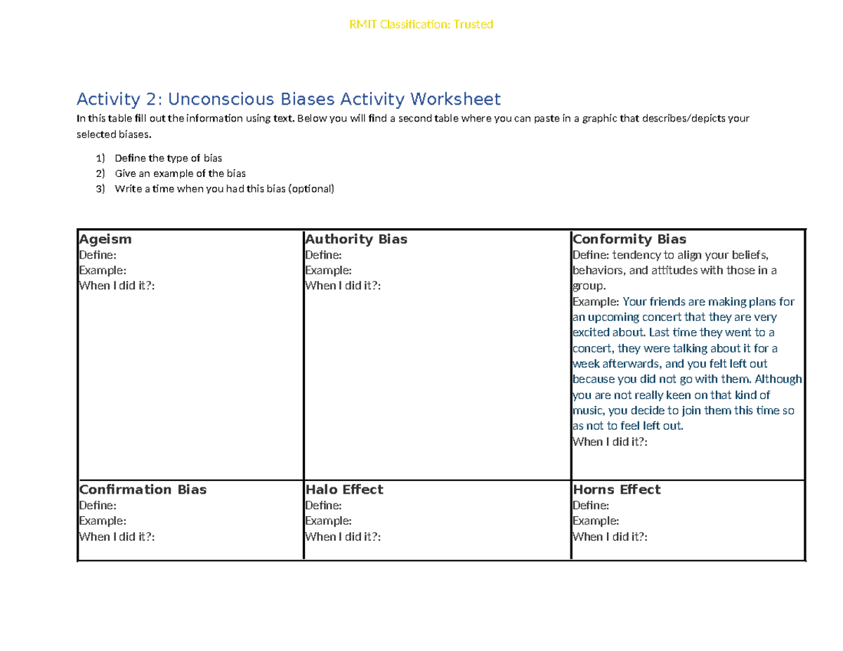 Activity 2 Handout - Unconscious Bias Activity - RMIT Classification ...