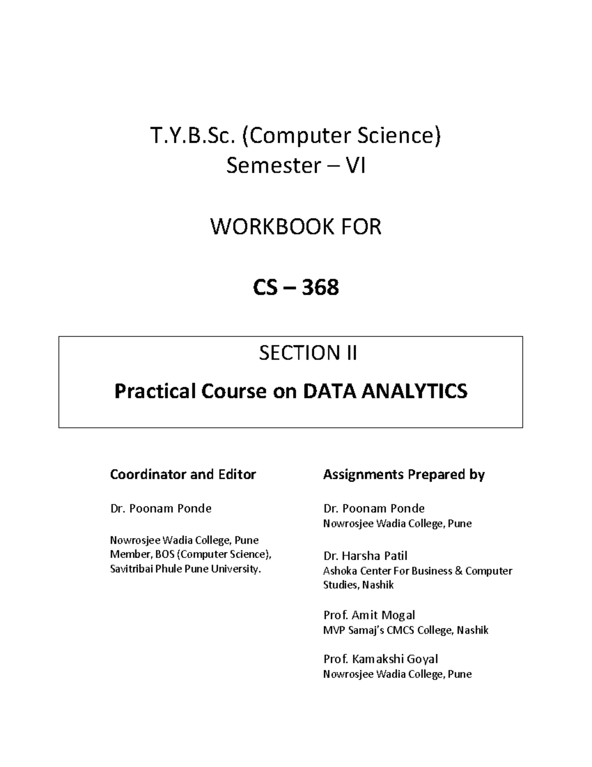 TYBSc CS368 DATA Analytics Labbook - T.Y.B. (Computer Science) Semester – VI WORKBOOK FOR CS ...