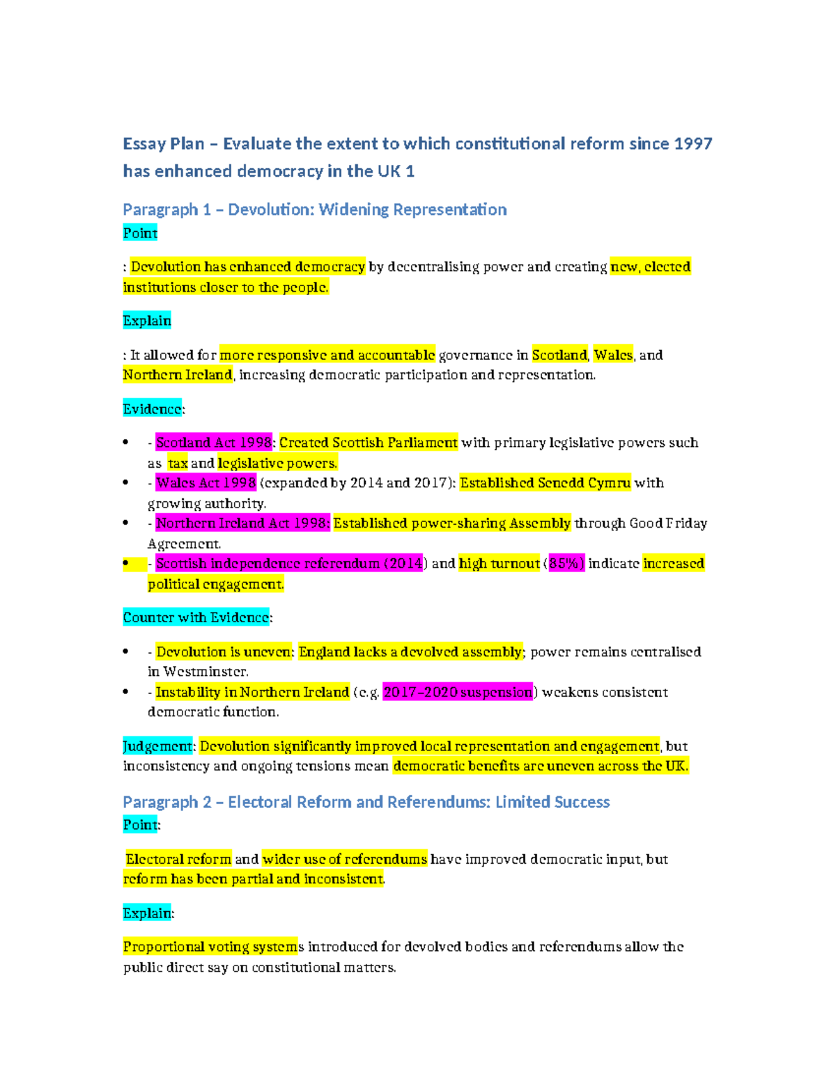 Essay Plan: Evaluating Constitutional Reform & Democracy in the UK ...