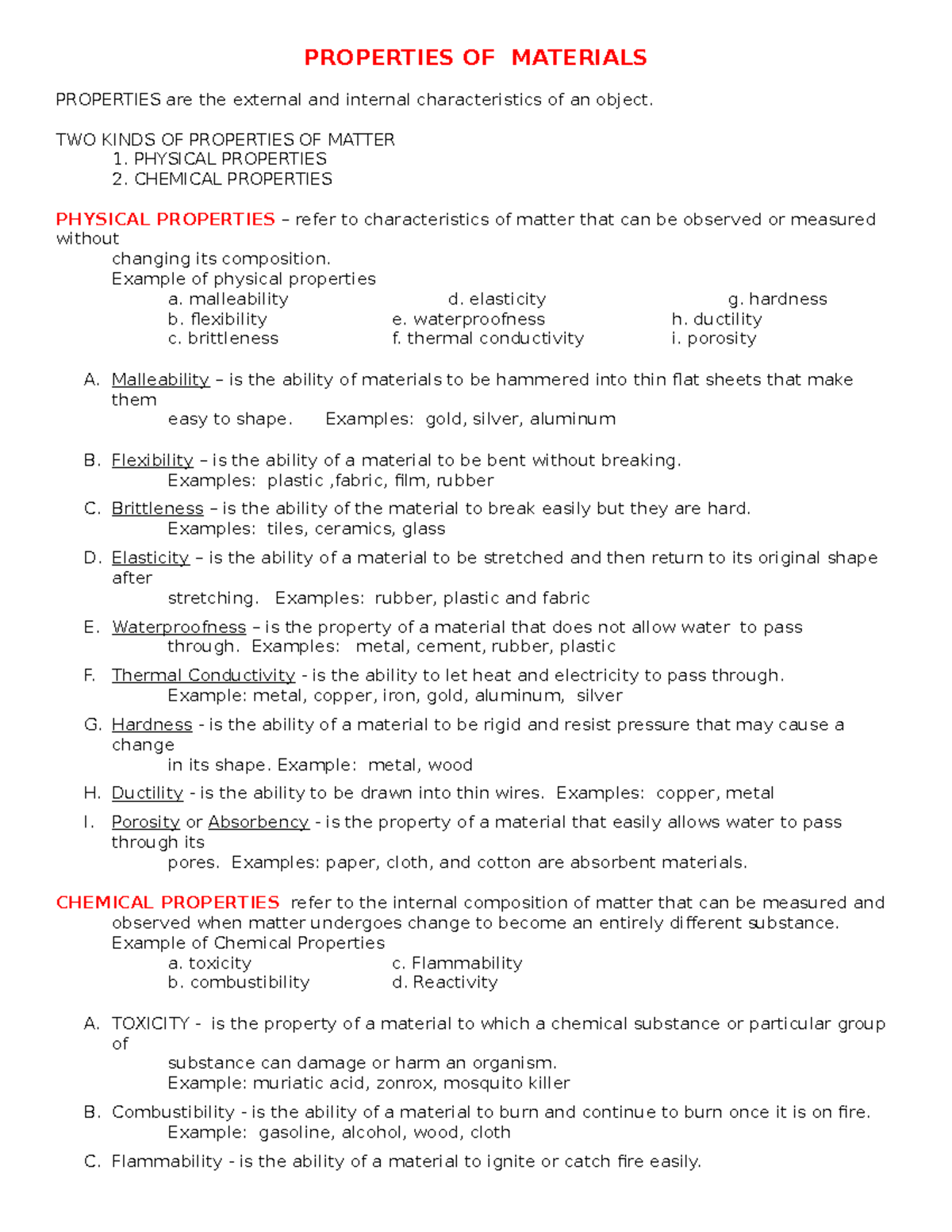 Properties of Materials: Physical & Chemical Characteristics - Studocu