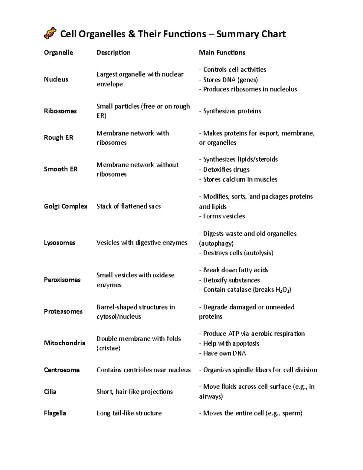 Cell Organelles: Functions Summary Chart for Biology 101 - Studocu