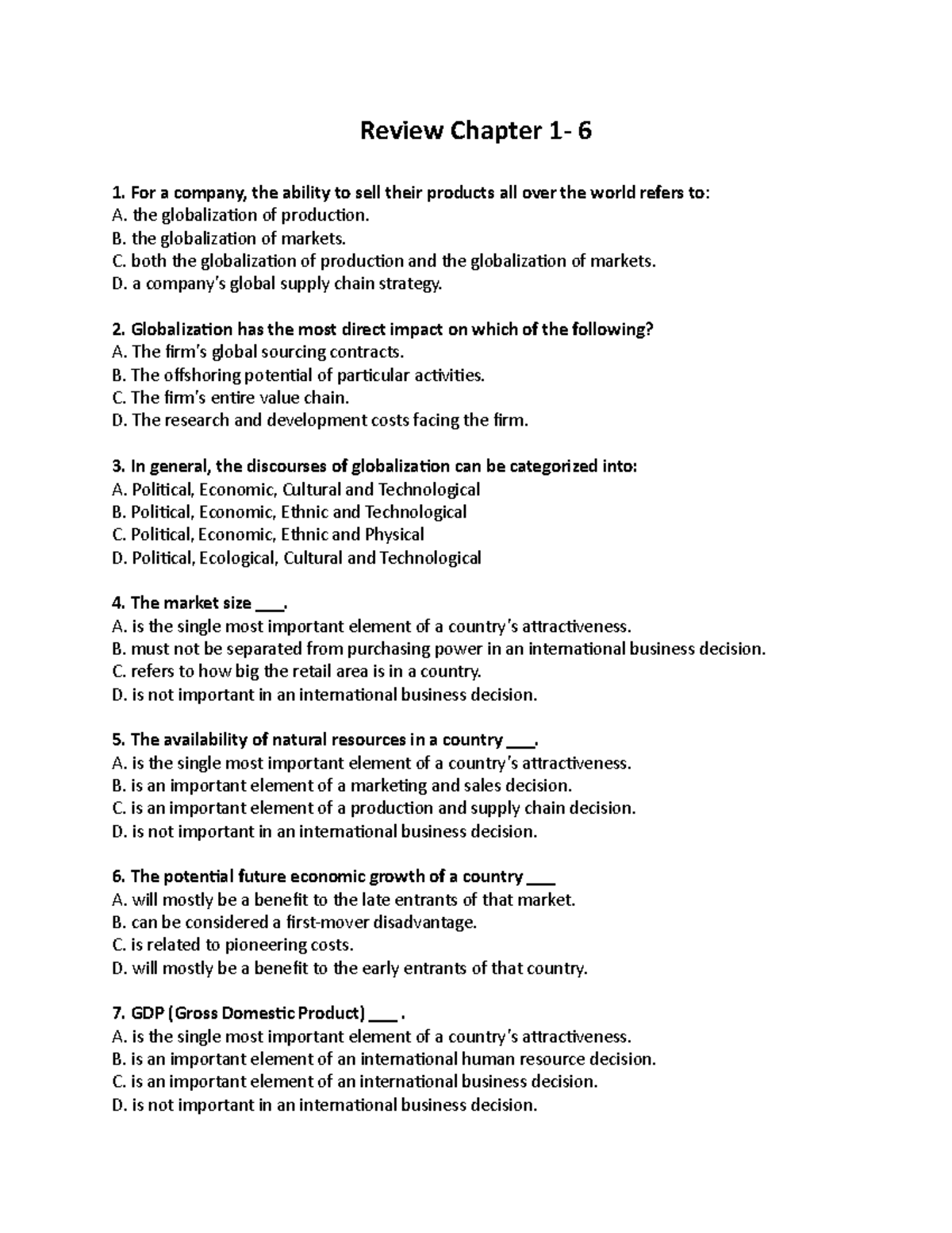 Review of Chapters 1-6: Global Business Concepts & Quiz Answers - Studocu