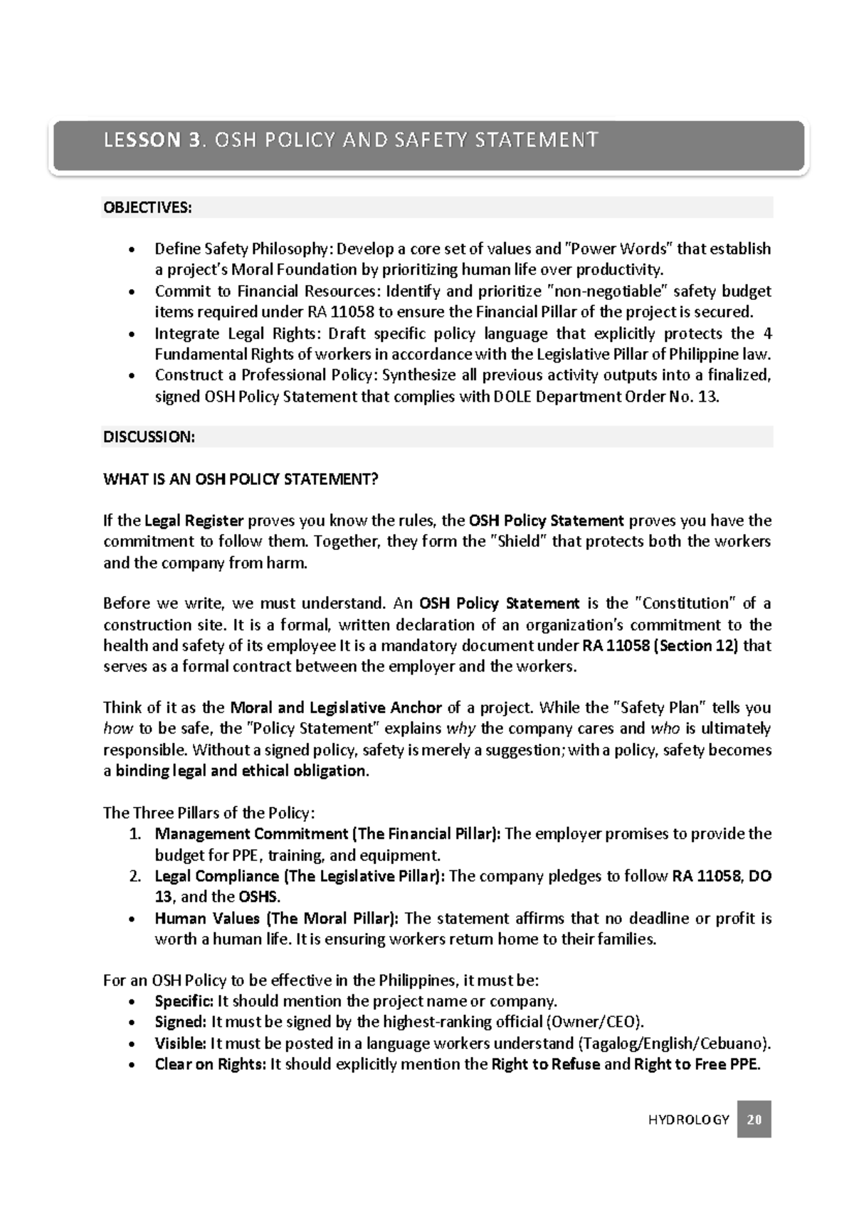 LESSON 3: OSH POLICY & SAFETY STATEMENT OBJECTIVES IN HYDROLOGY 20 ...