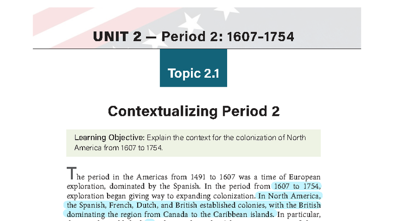 Amsco AP US History: Unit 2 - Contextualizing Colonization (1607-1754) - Studocu