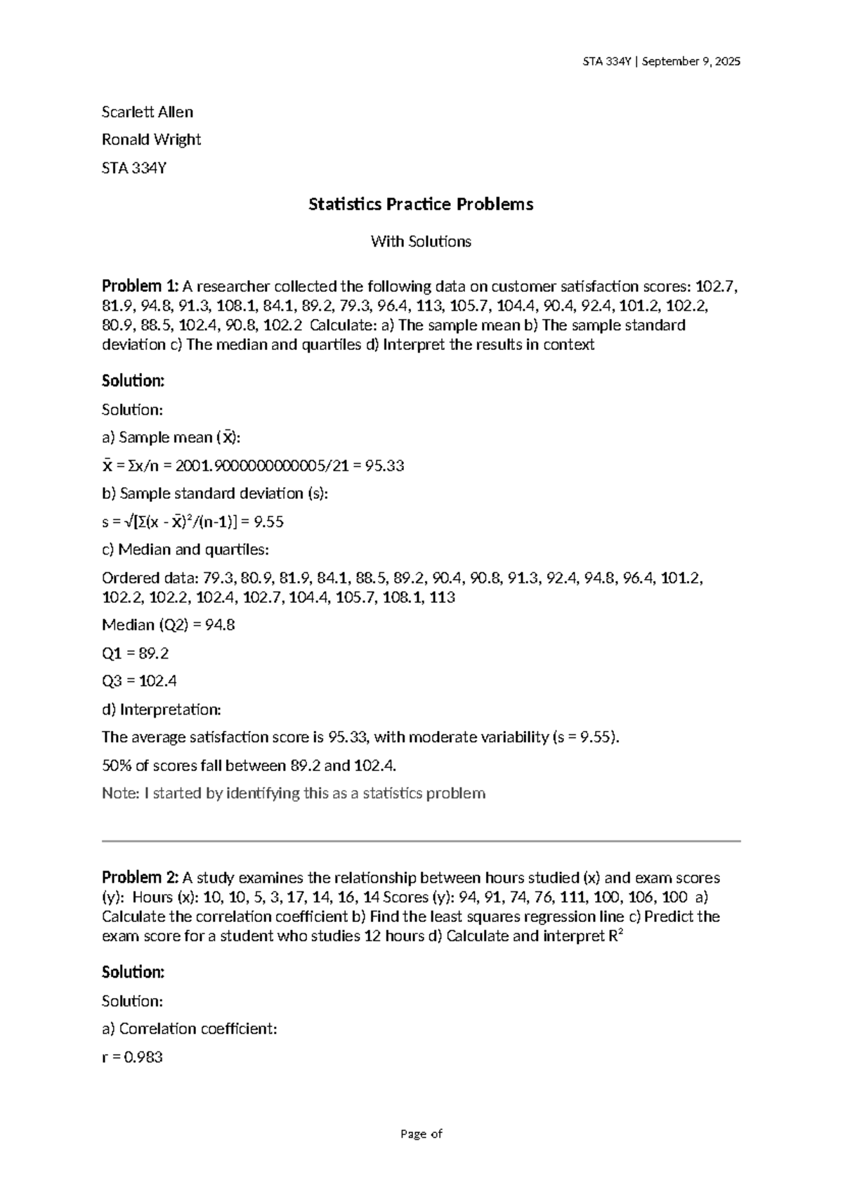 STA 334Y Statistics Practice Problems with Solutions - Studocu