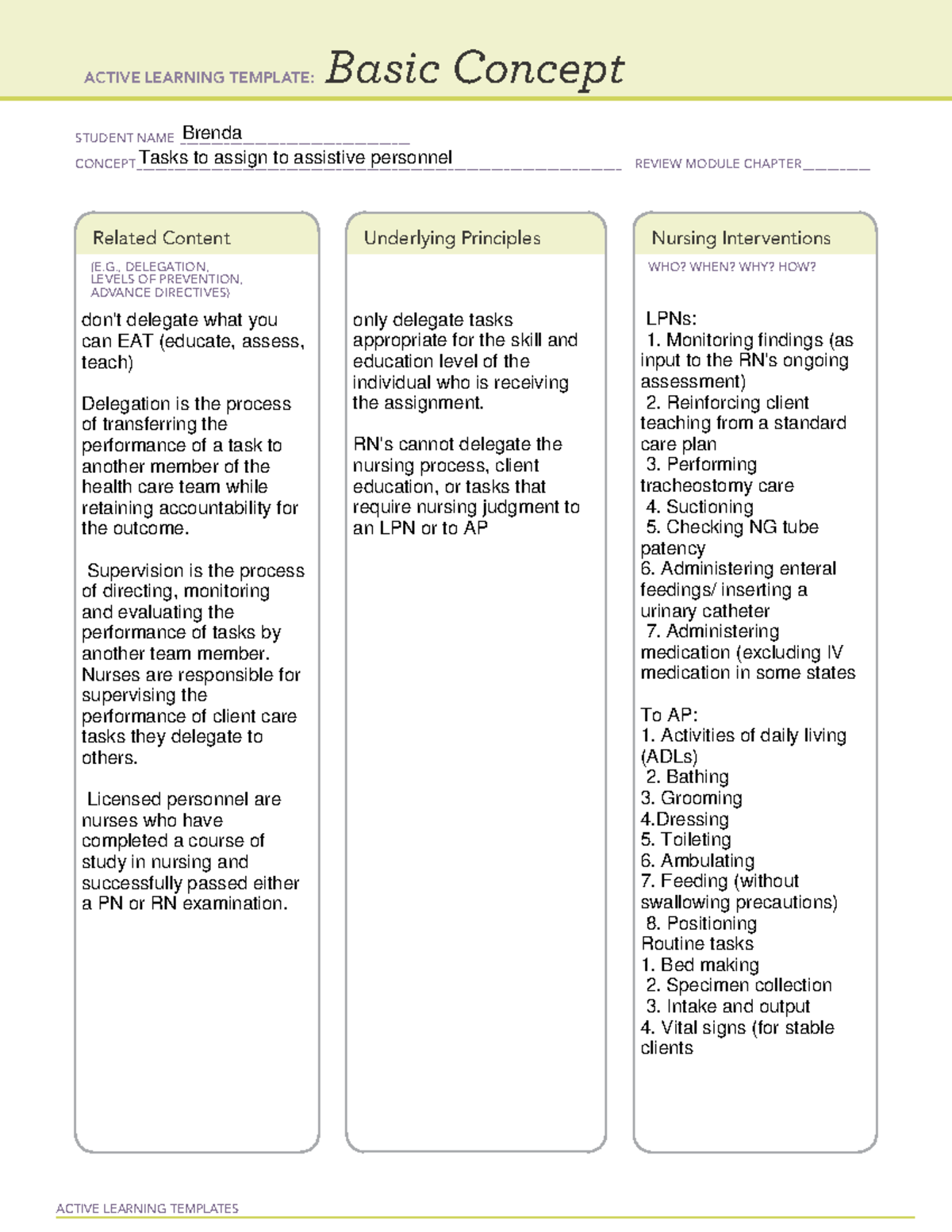 Basic Concept Tasks for Assistive Personnel - Active Learning Template - Studocu