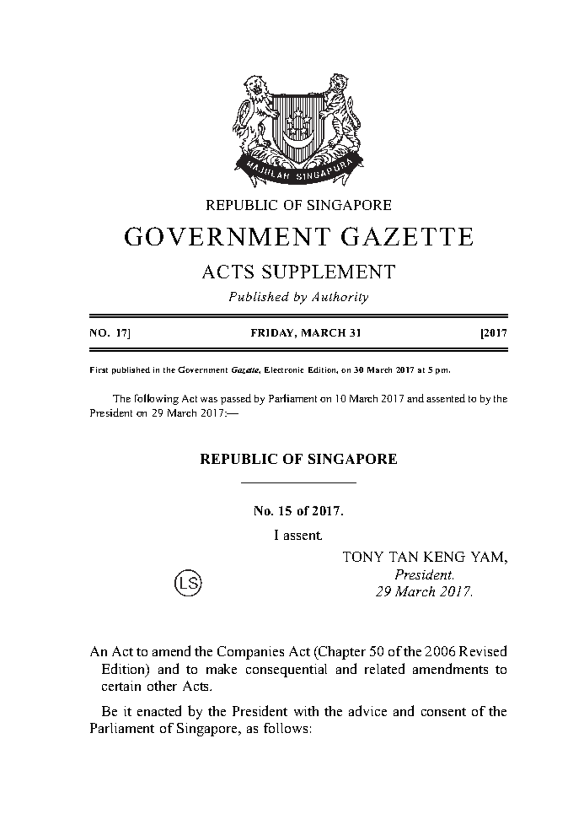 Companies (Amendment) Act 2017 - REPUBLIC OF SINGAPORE GOVERNMENT ...