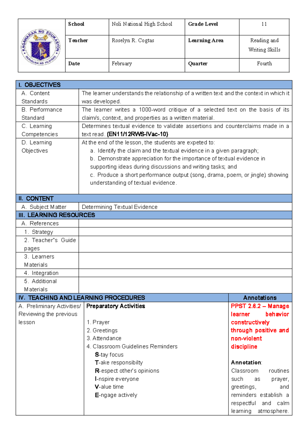 DLP: Grade 11 Reading & Writing Skills - Textual Evidence Lesson Plan ...