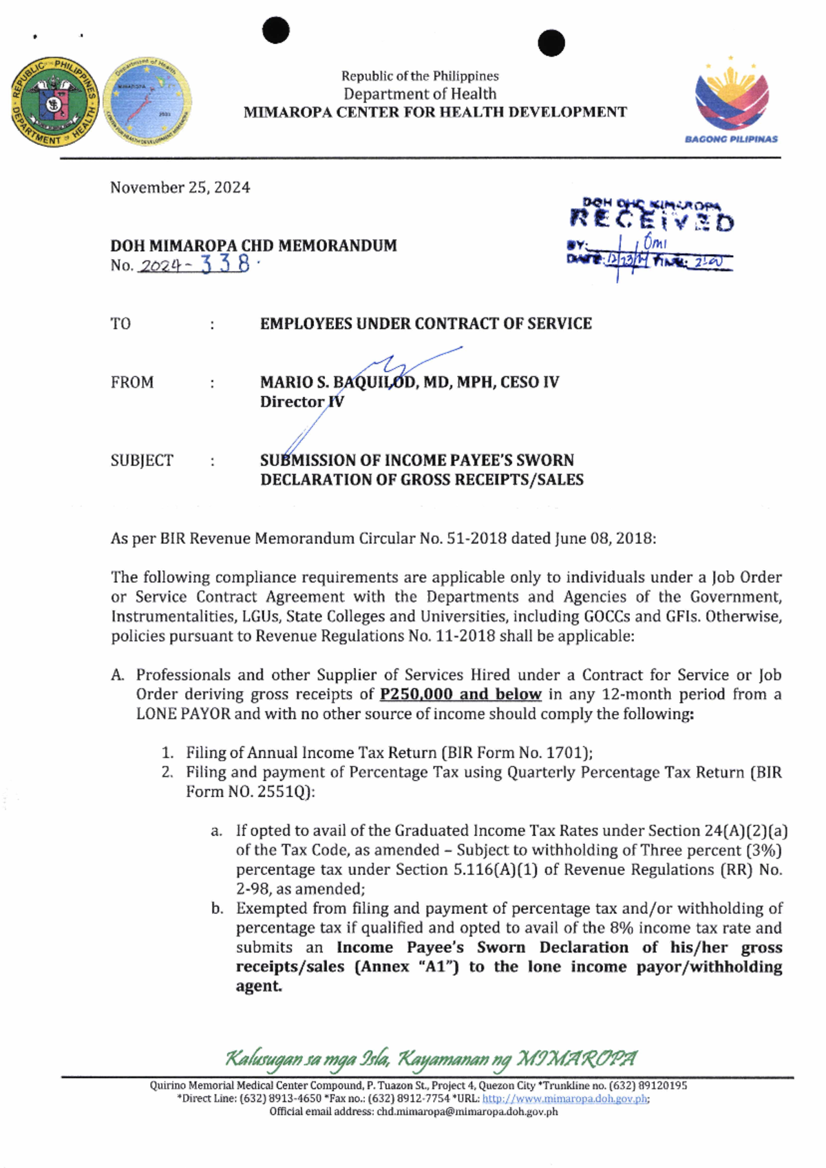 CHD MEMO 2024 338 - BIR memo - ) o o Republic of the Philippines ...