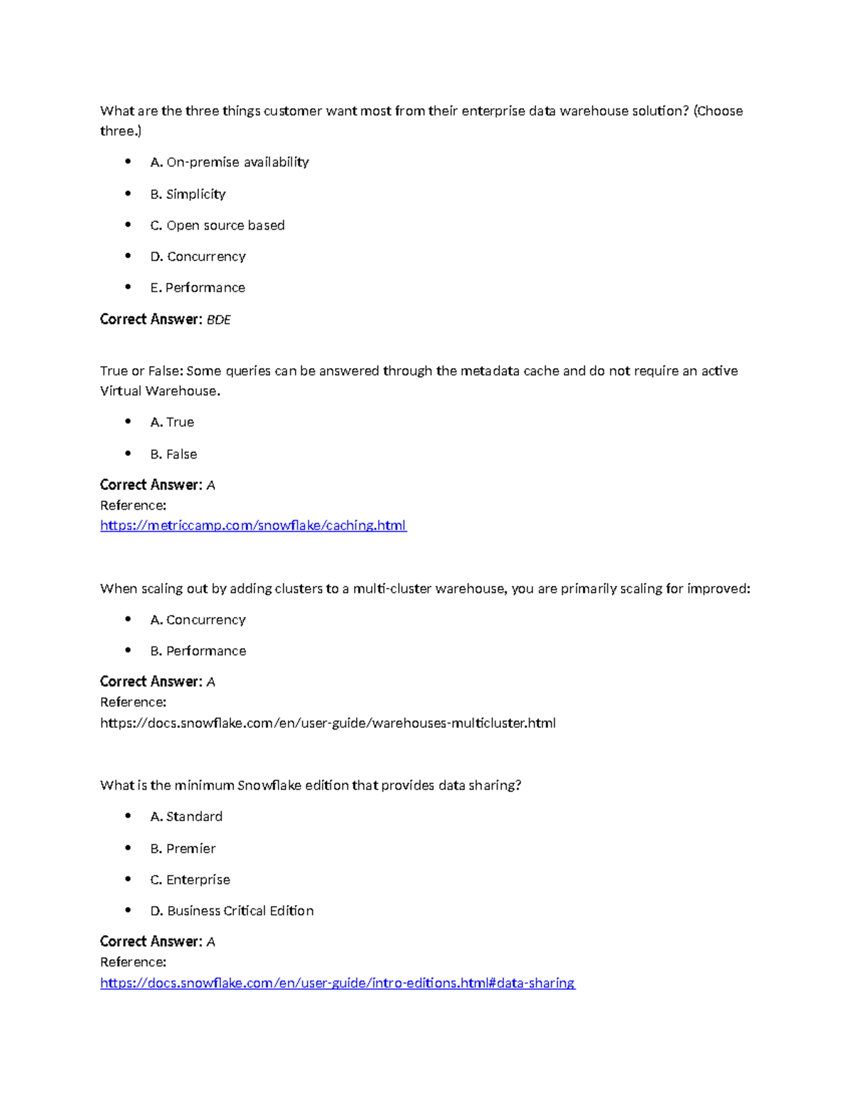 Snowflake Pro Core Sample Questions - Exam Preparation (Q2) - Studocu