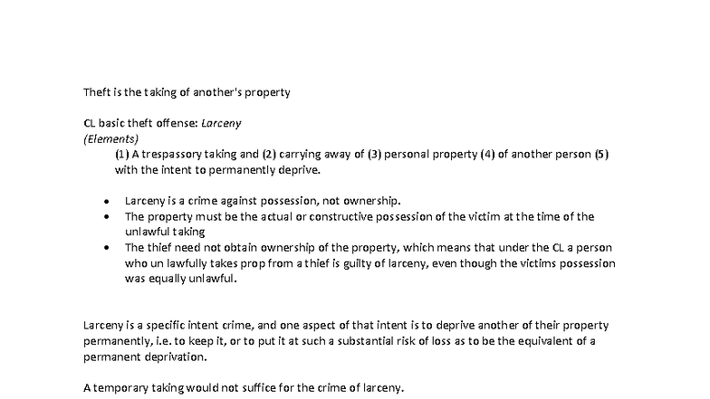Criminal Law - Theft: Larceny Elements & Offenses - Lecture Notes - Studocu