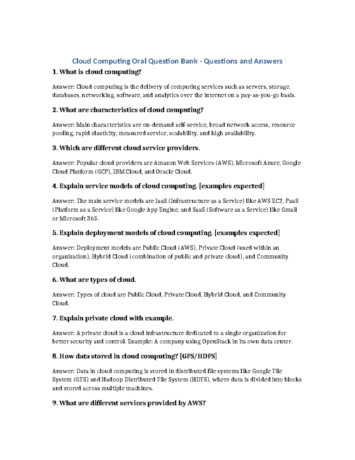 Cloud Computing Oral Q&A Bank: Key Concepts & Providers - Studocu