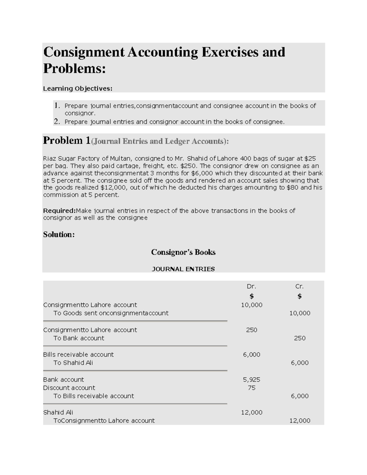 Consignment Sales - Consignment Accounting Exercises and Problems ...