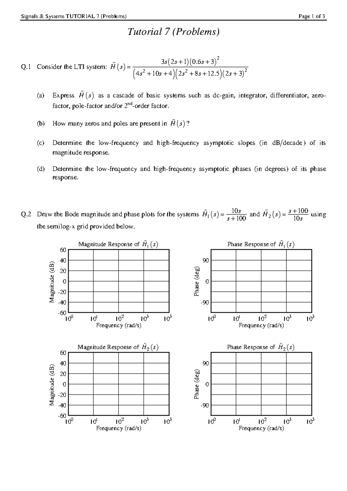 Signals Systems TUTORIAL 7: Problem Solutions and Analysis - Studocu