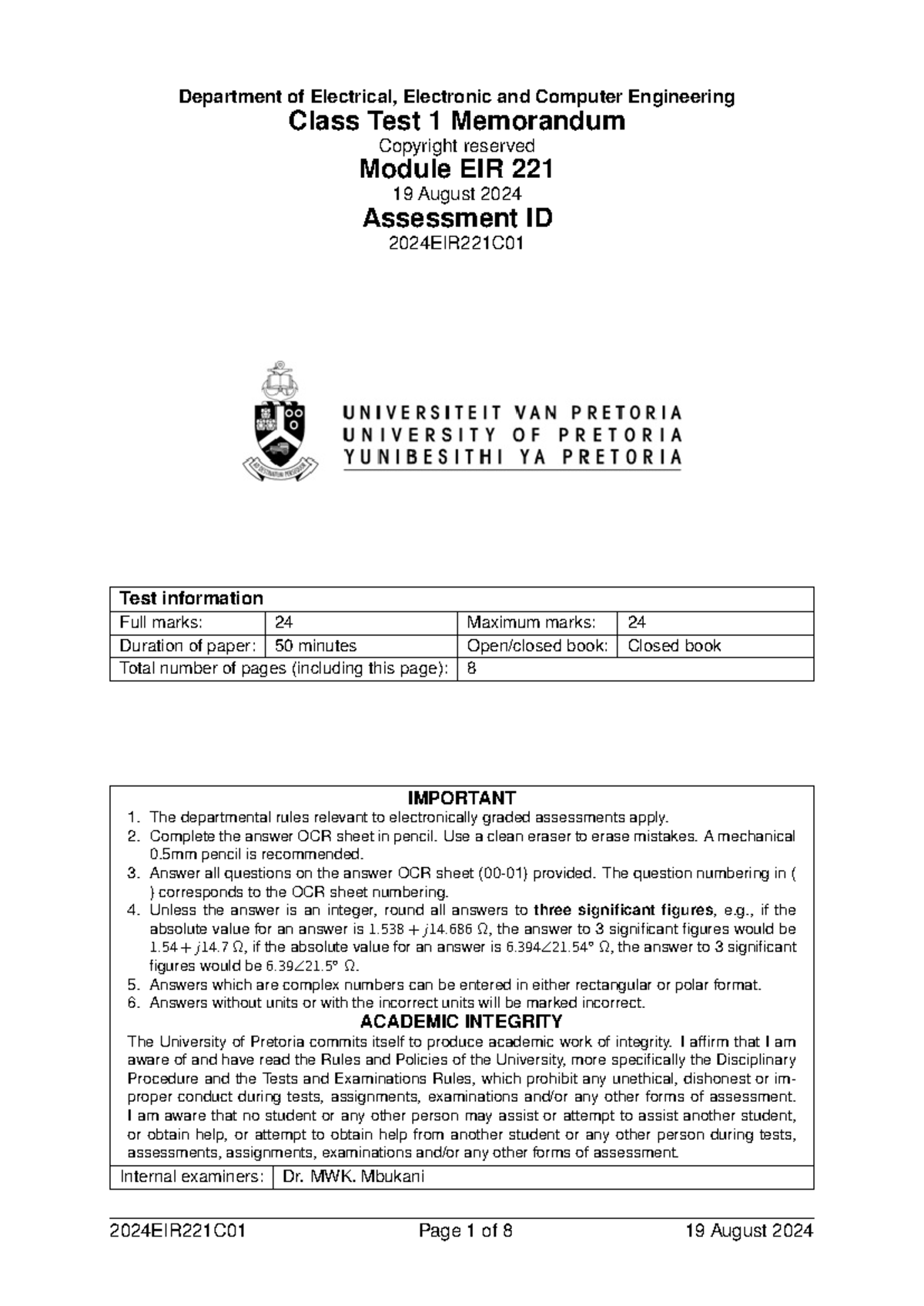 2025EIR221C01 - Class Test 1 Memorandum for EIR 221 - Studocu