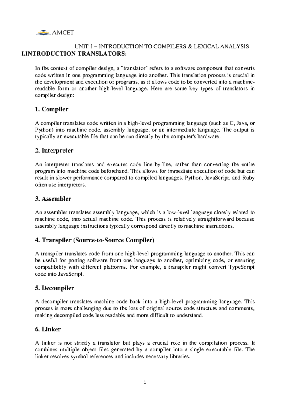 UNIT 1: INTRODUCTION TO COMPILERS & LEXICAL ANALYSIS - I TRANSLATORS ...