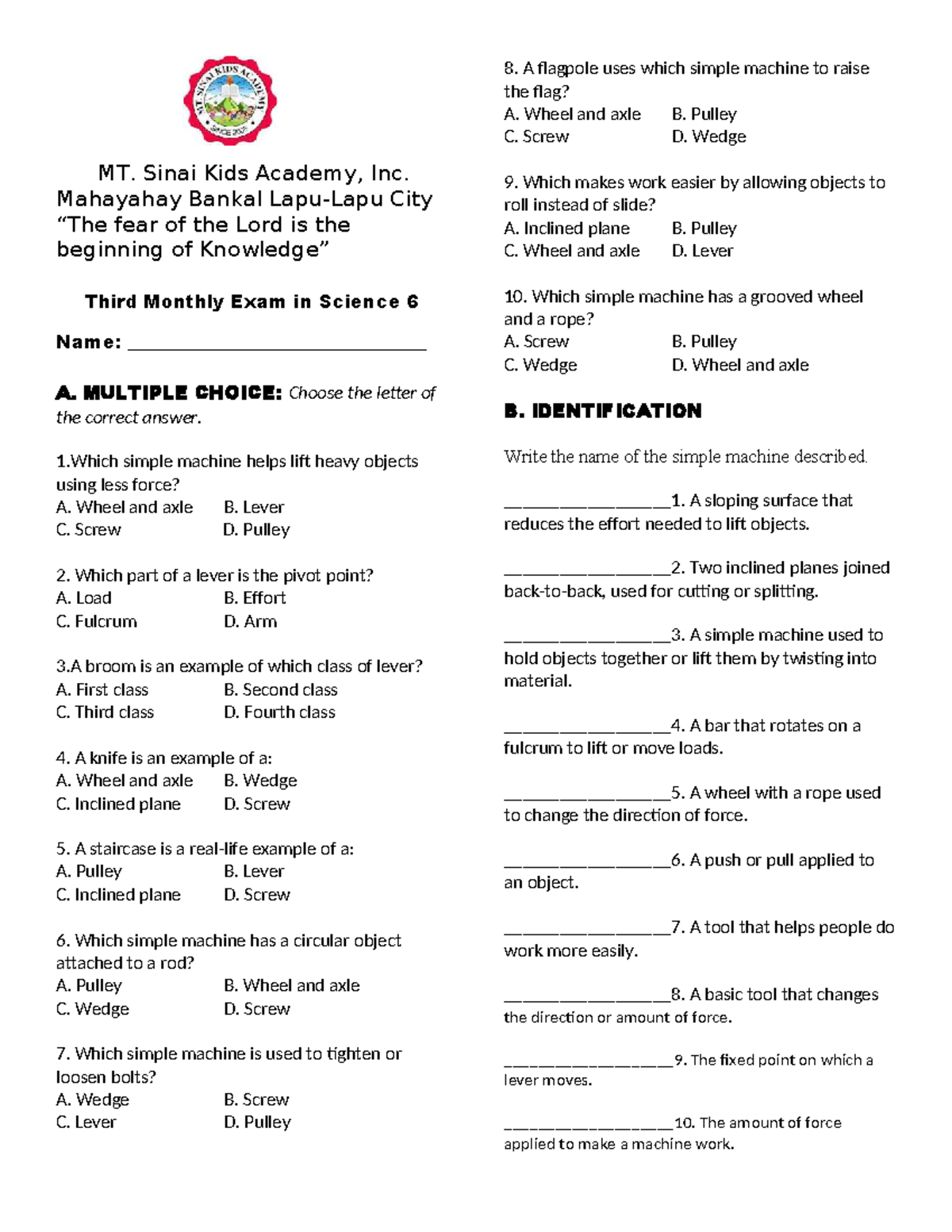 3rd Monthly Exam in Science 6: Simple Machines and Their Functions ...