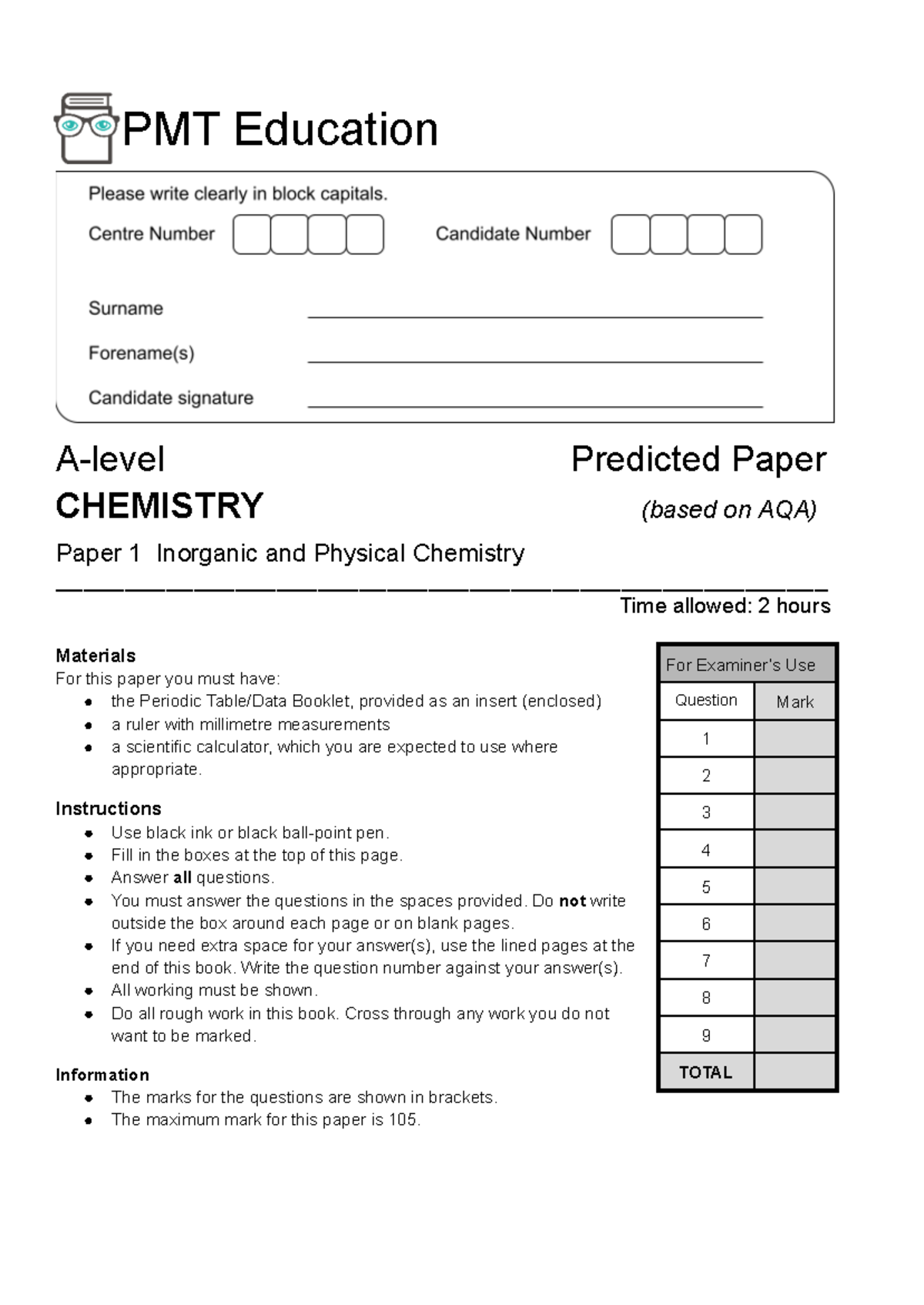 Paper 1 QP - PMT Predicted AQA Chemistry 2026: Inorganic & Physical ...