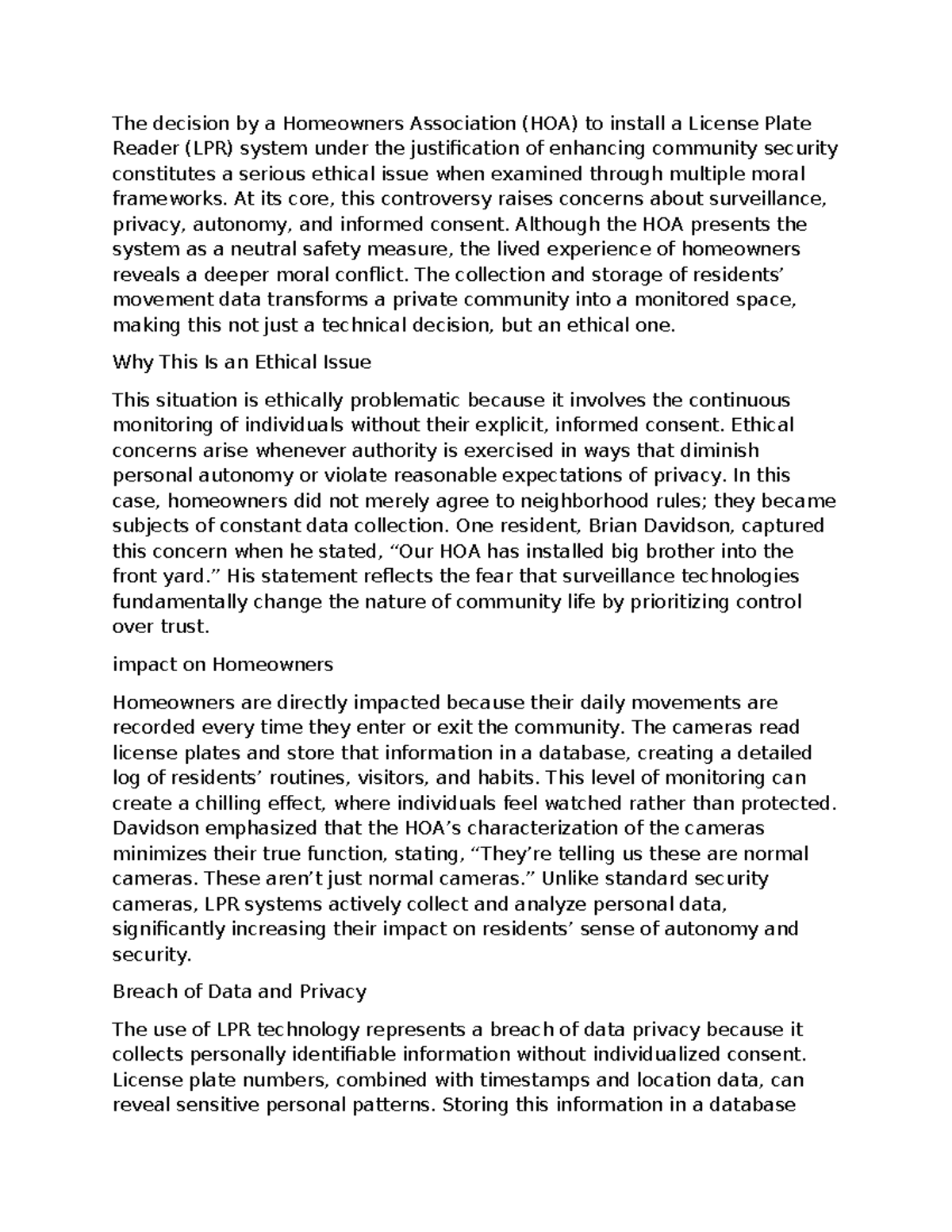 Ethical Implications of HOA's License Plate Reader System: A Moral ...