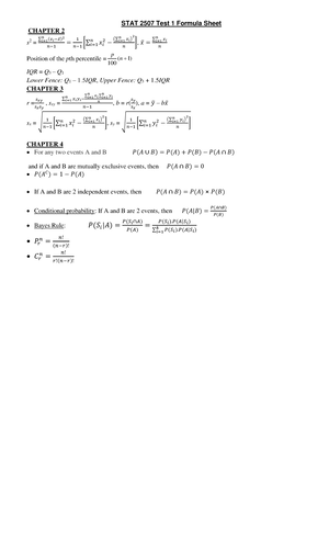 STAT 2507 Final Exam Formula Sheet and tables - STAT 2507 - Formula ...