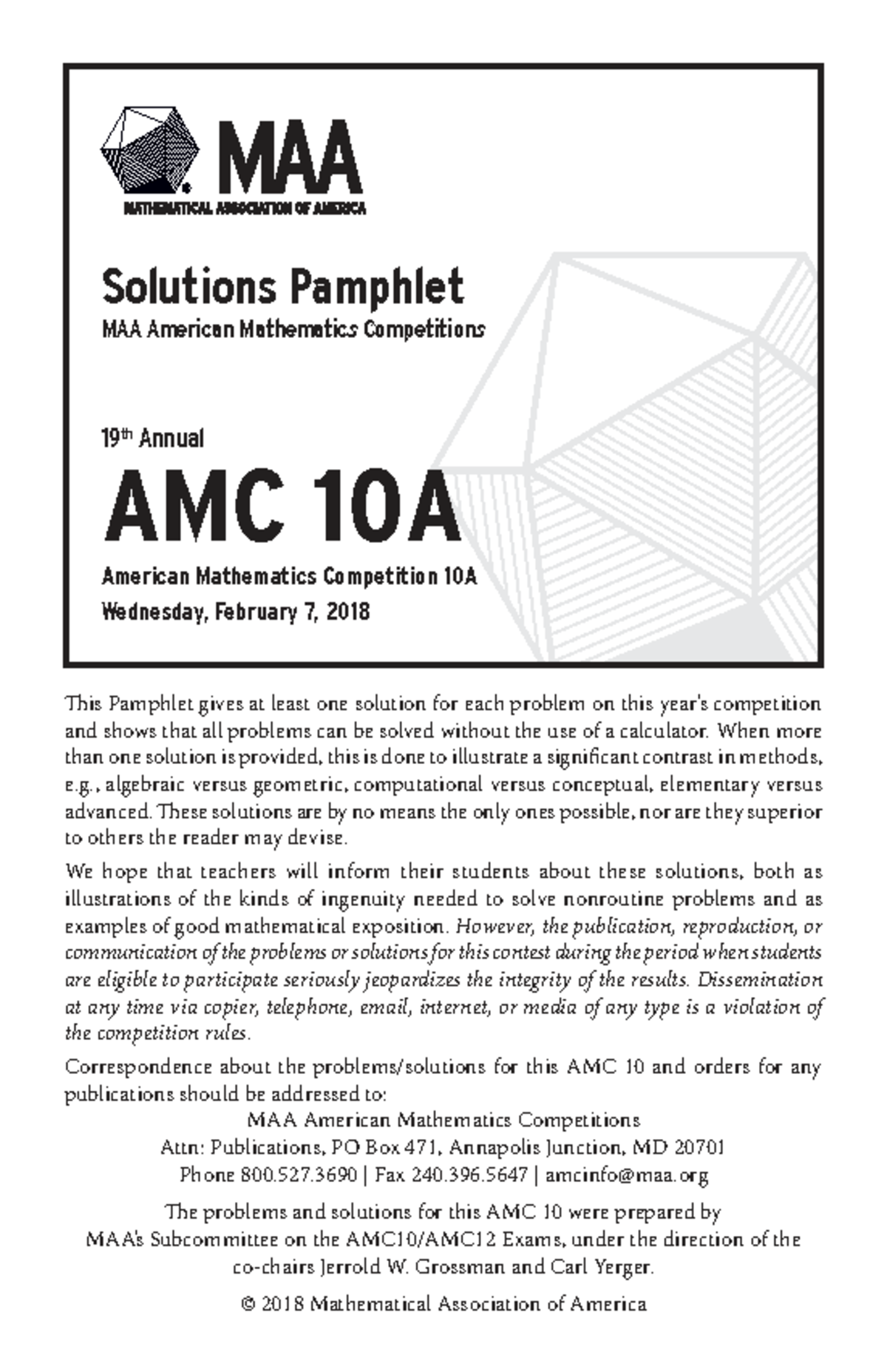 2018 AMC 10A Solutions Pamphlet: Problem Solving Techniques - Studocu