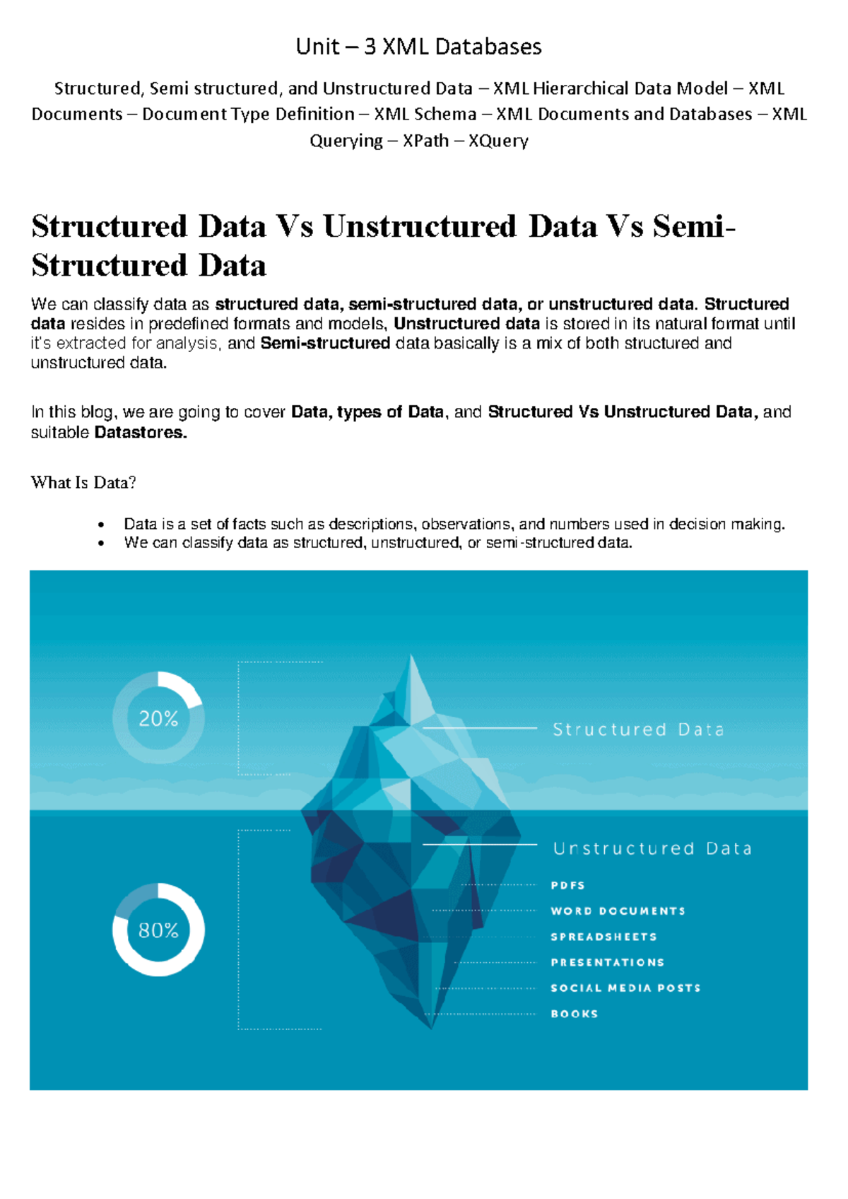 Unit 3-DBP - database practice - Unit – 3 XML Databases Structured, Semi structured, and - Studocu