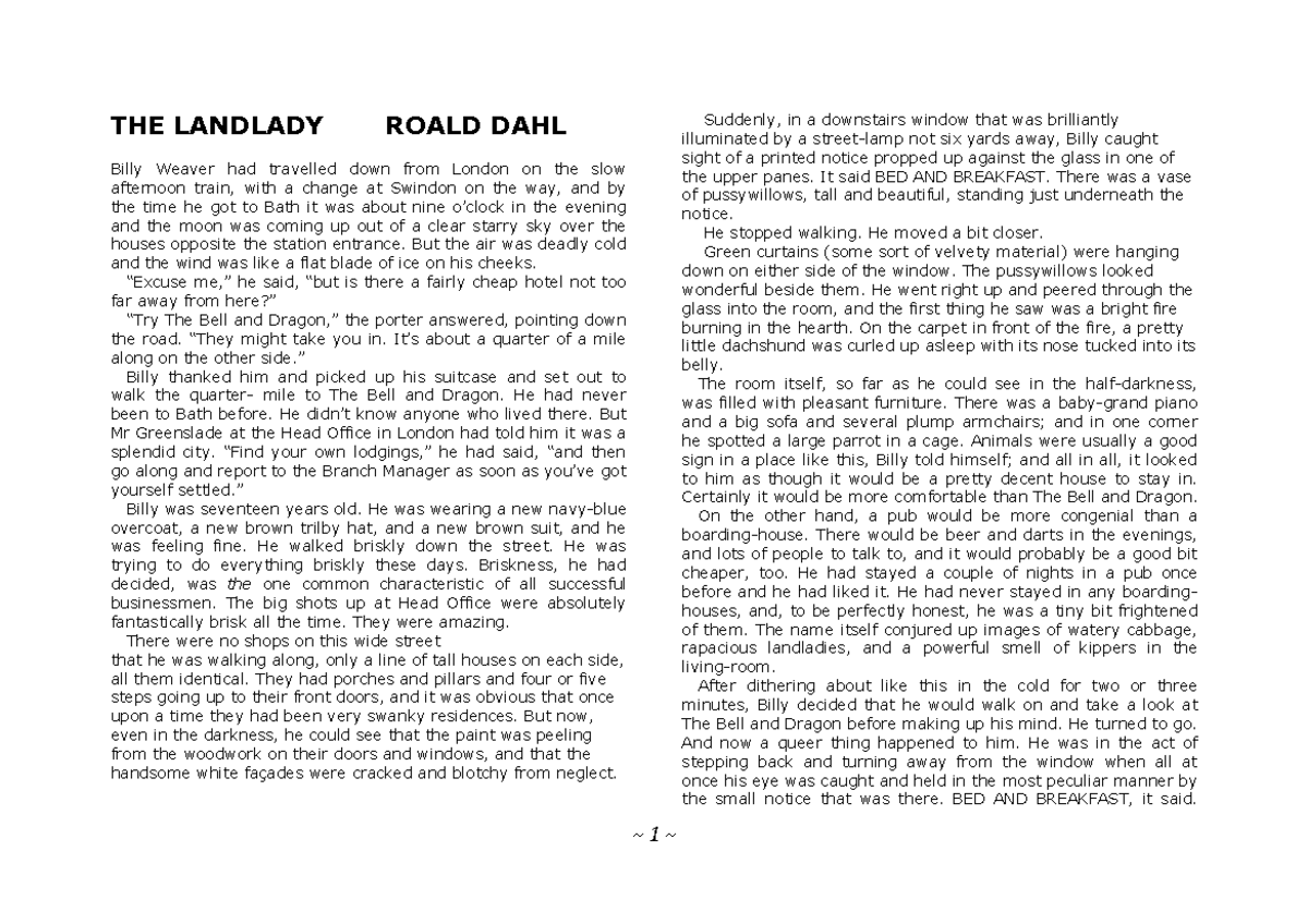 THE LANDLADY BY ROALD DAHL - A STUDY GUIDE AND ANALYSIS - Studeersnel