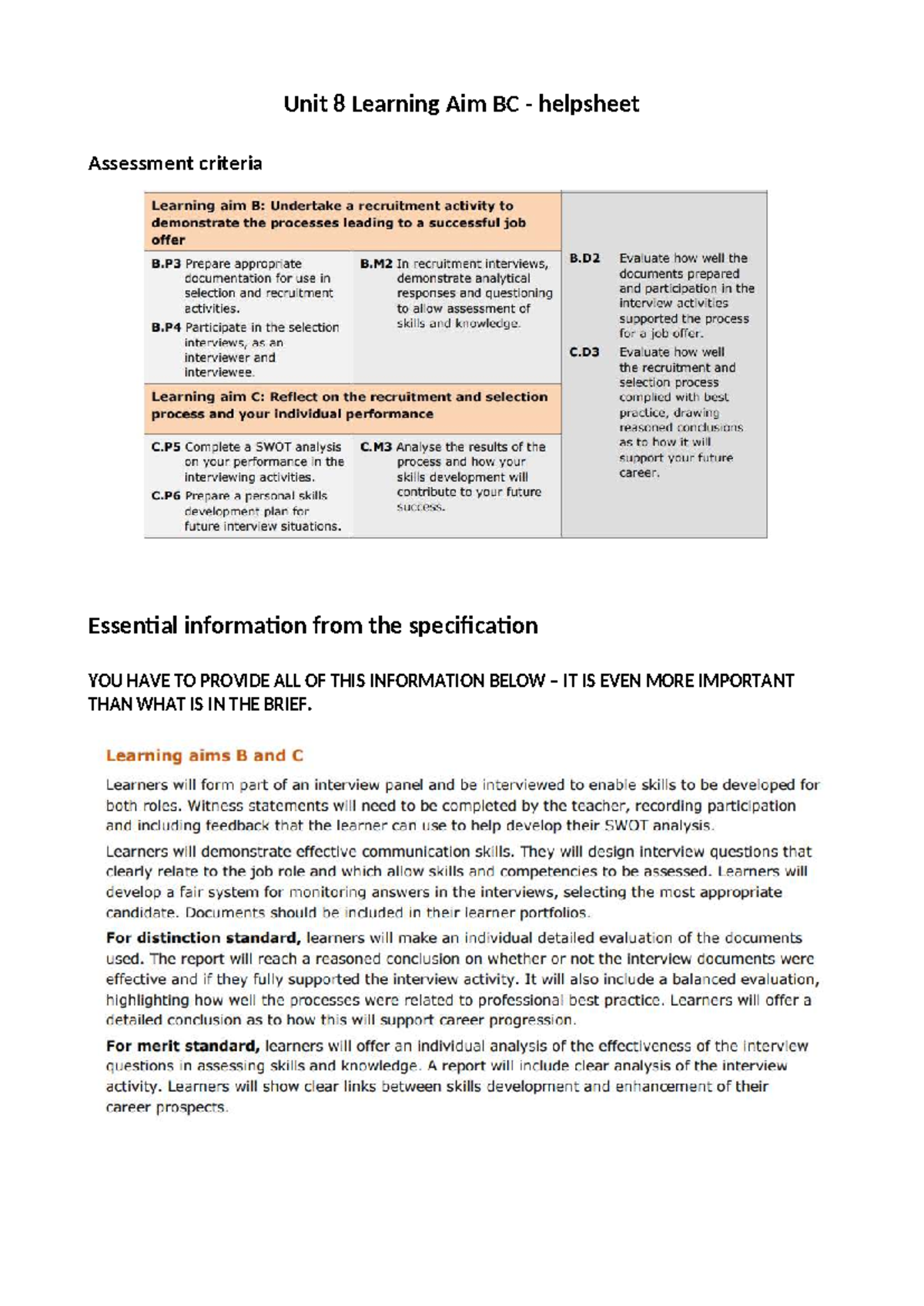 Unit 8 BC Assignment Helpsheet: Recruitment Process & Evaluation Guide ...