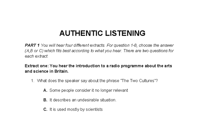 Authentic Listening CPE: Extracts and Interview Questions - Studocu