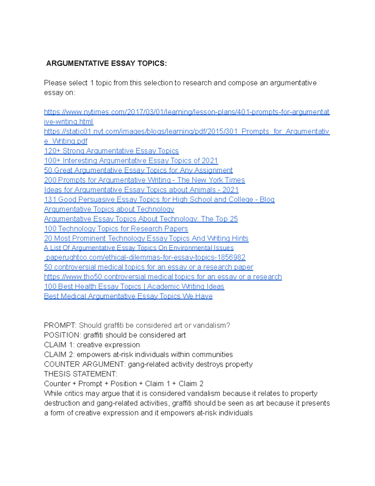 Argumentative essay - ARGUMENTATIVE ESSAY TOPICS: Please select 1 topic ...
