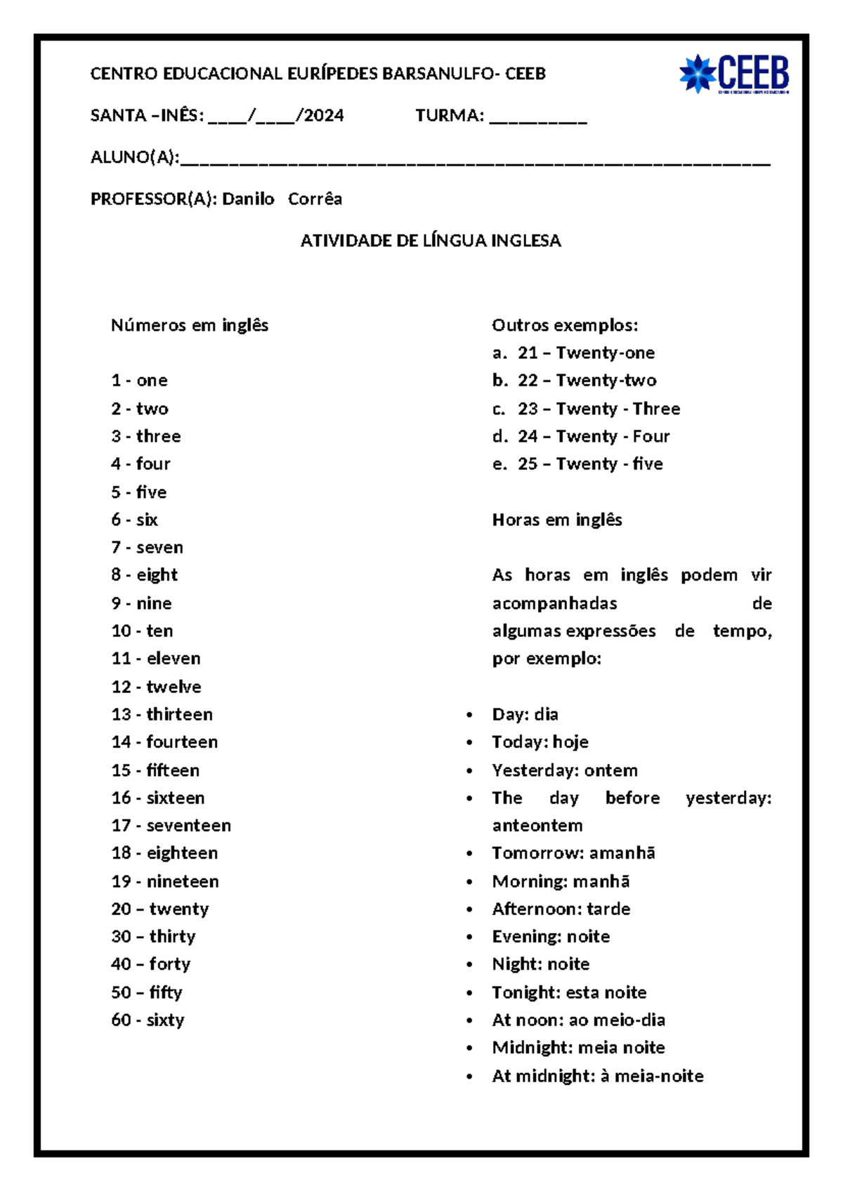 Atividade de Língua Inglesa 7º Ano: Números e Horas em Inglês - Studocu