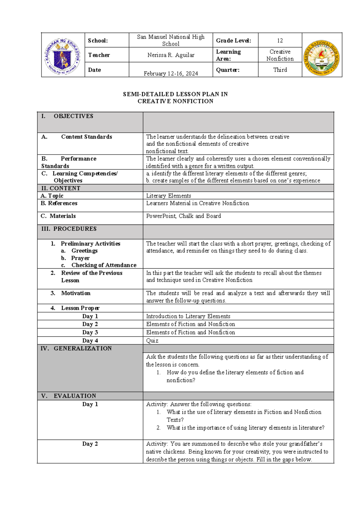 Grade 12 Creative Nonfiction Week 2 Lesson Plan (Feb 12-16) - Studocu