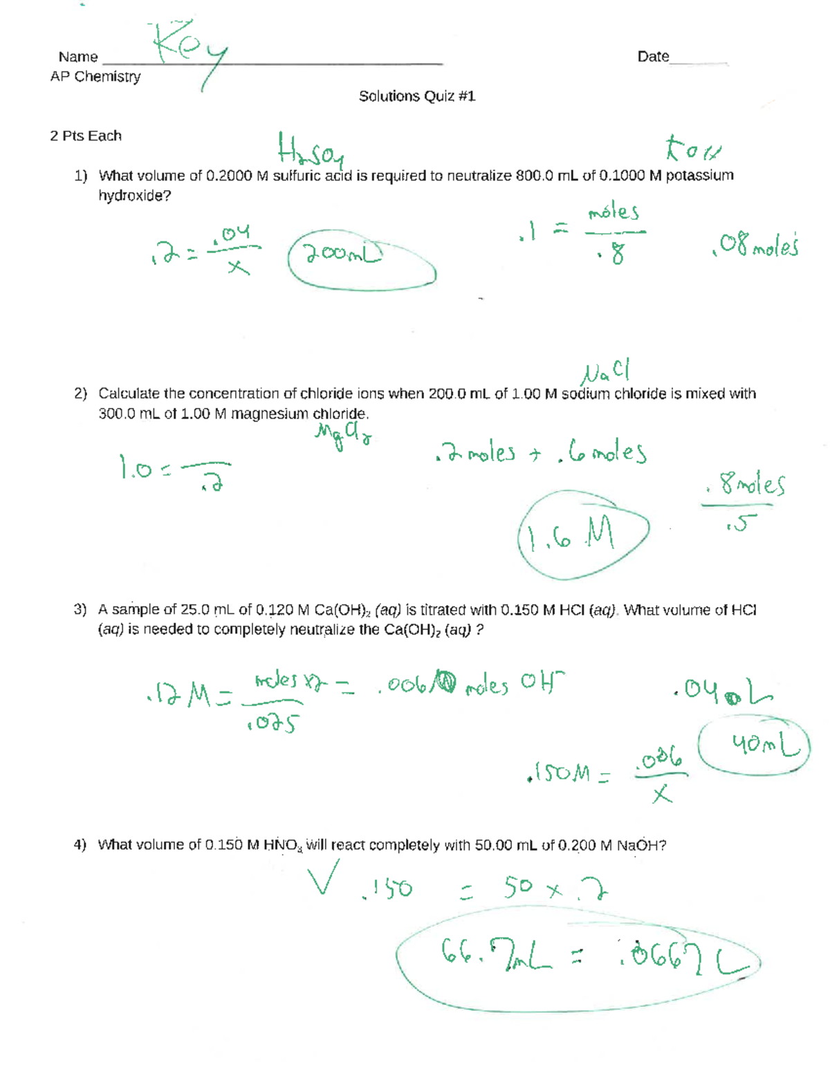AP Chemistry Solutions Quiz 2 Key: Neutralization Calculations - Studocu