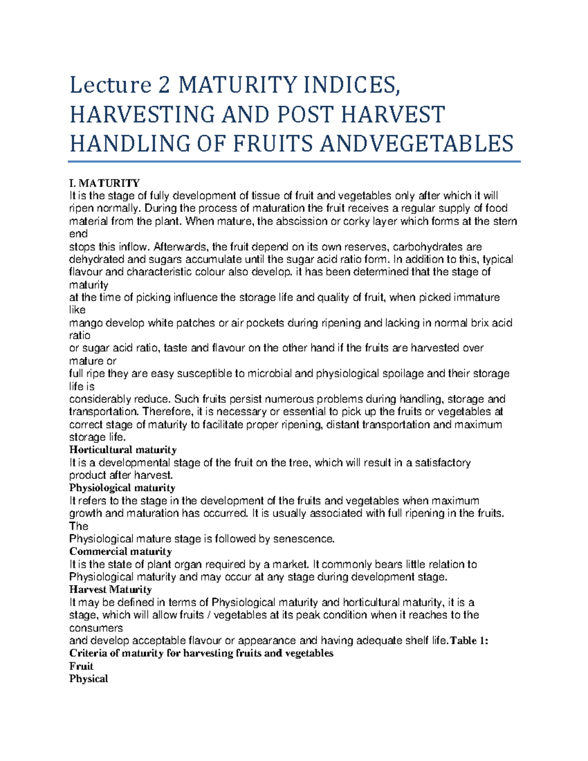 Lecture 2 Maturity Indices - Lecture 2 MATURITY INDICES, HARVESTING AND ...